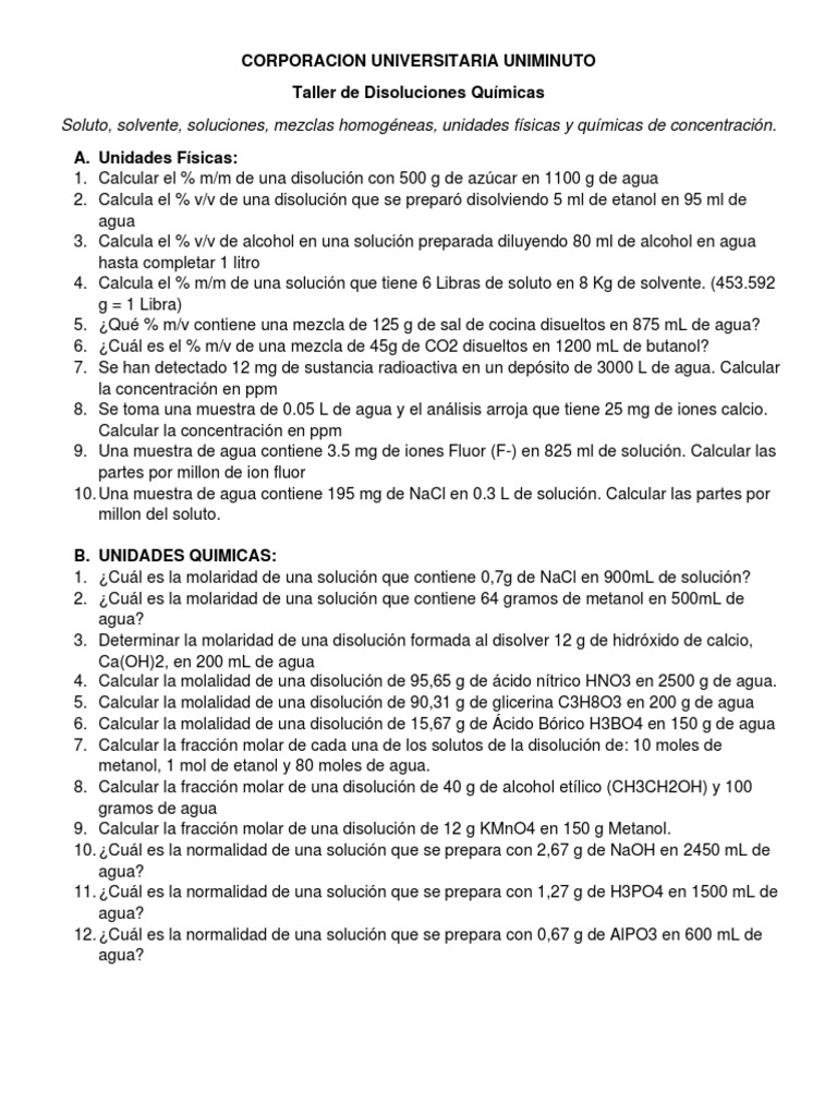 Taller de Soluciones Quimicas | PDF | Concentración | Química