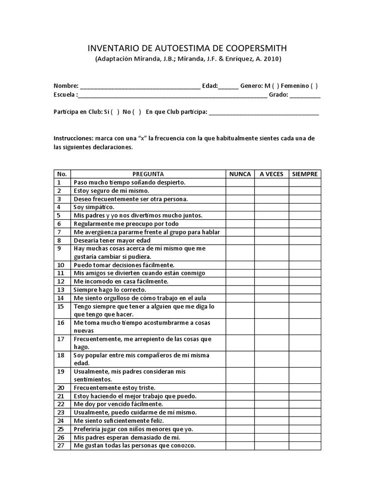Inventario de Autoestima de Coopersmith | PDF