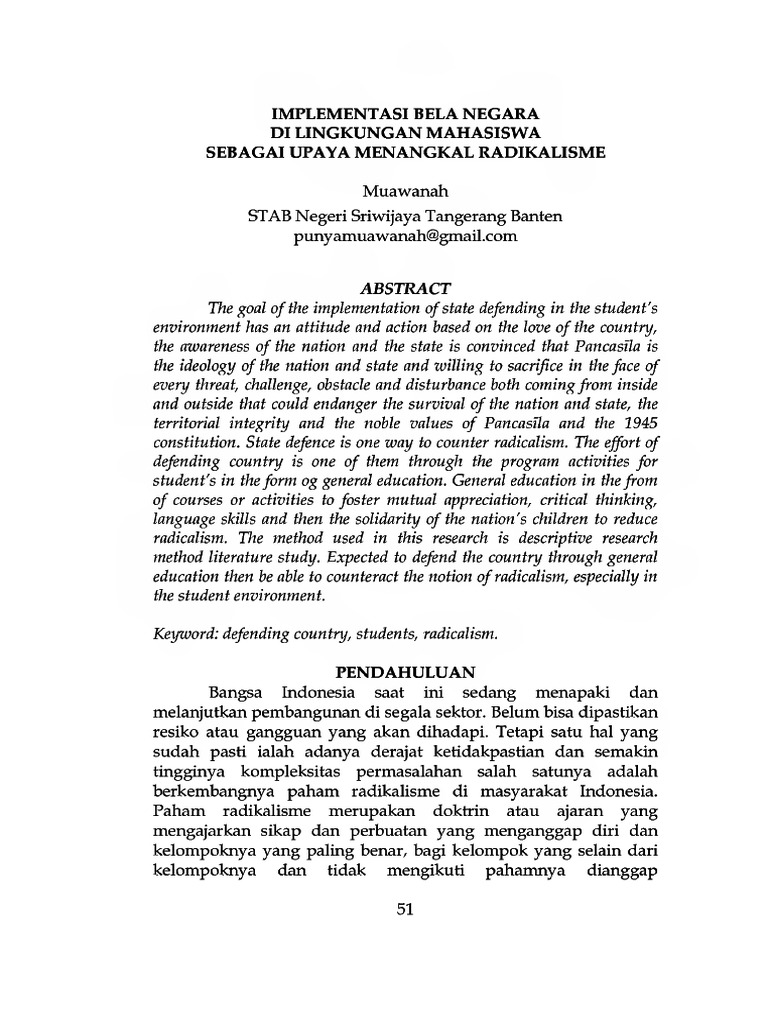 Implementasi Bela Negara Di Lingkungan Mahasiswa Sebagai Upaya Menangkal Radikalisme | PDF