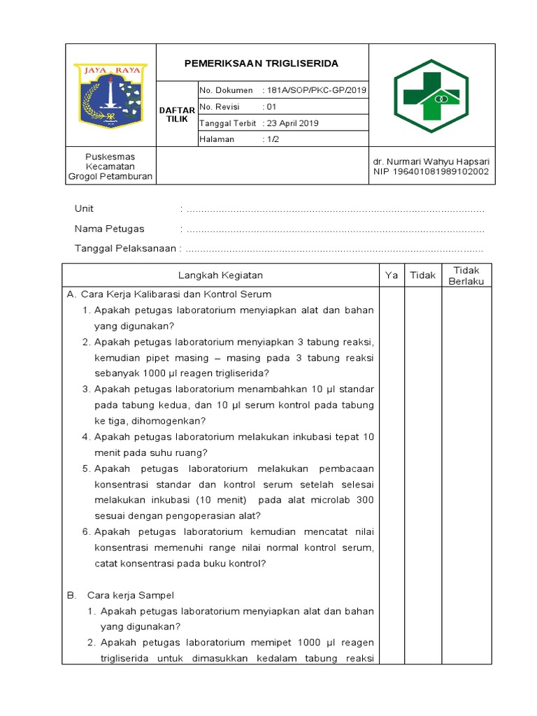 Daftar Tilik PEMERIKSAAN TRIGLISERIDA | PDF | Sains & Matematika