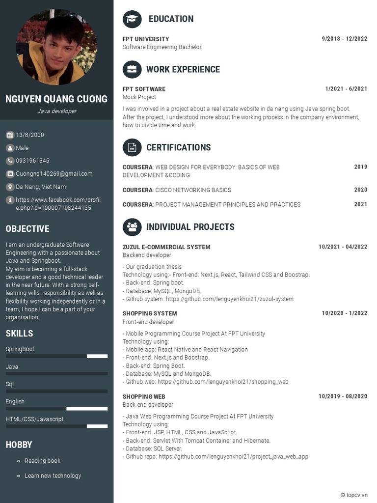 Nguyen Quang Cuong: Java Developer Profile | PDF | Spring Framework | Software Engineering