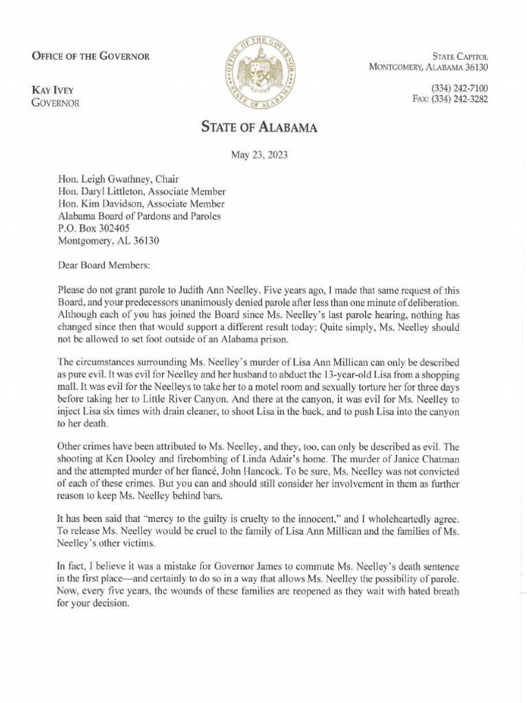 Gov. Kay Ivey Protest Letter: Judith Ann Neelley Parole Hearing | PDF