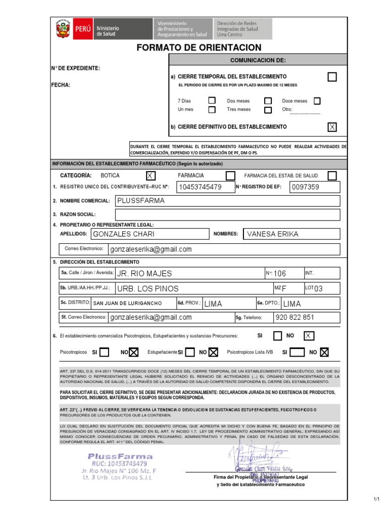 COMUNICACION DE CIERRE DEFINITIVO Botica PLUSSFARMA | PDF | Farmacia | Cuidado de la salud
