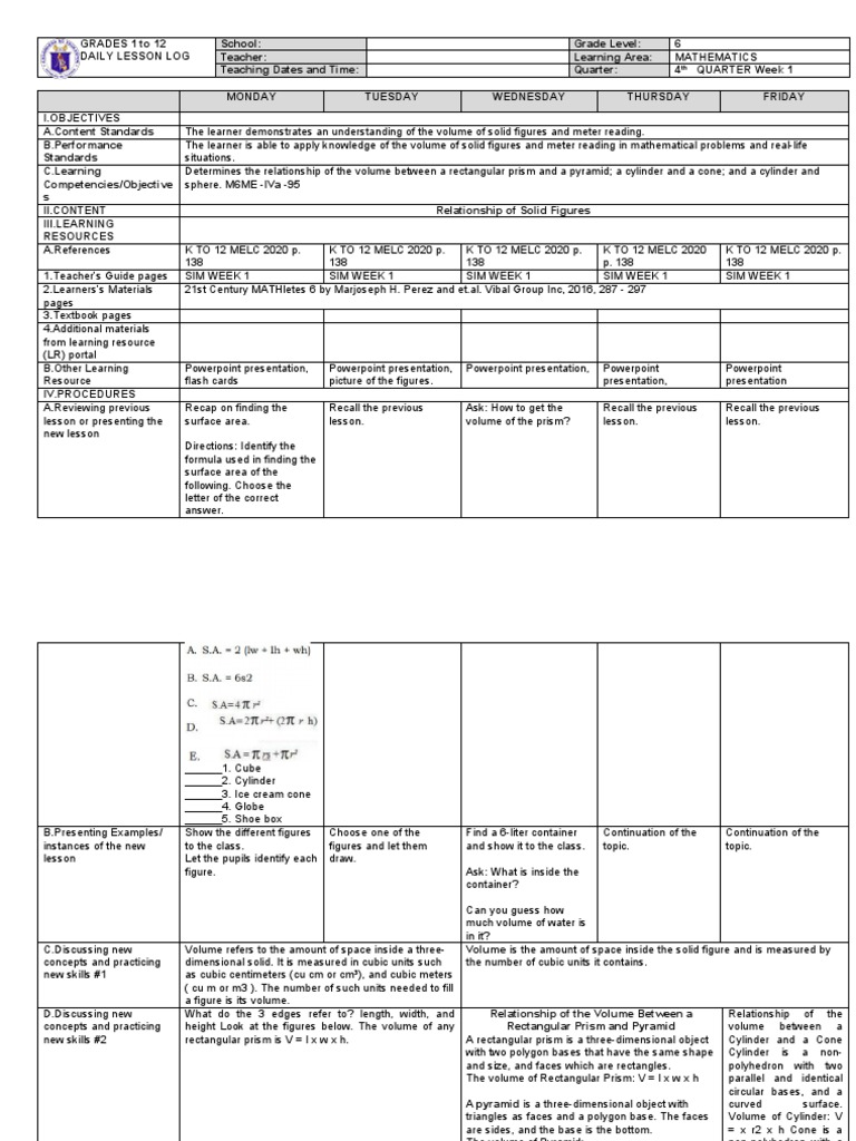 DLL G6 Math Q4 W1 | PDF | Volume | Area