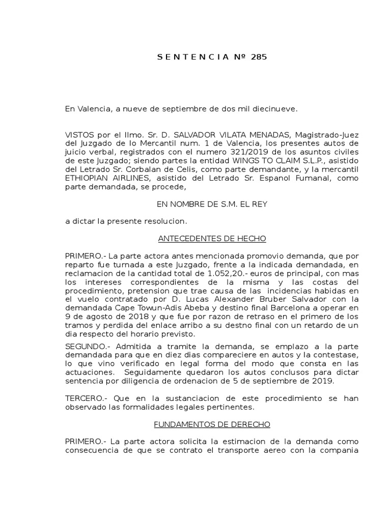 SENTENCIA Jdo Mercantil 1 Valencia - Perdida Conexion Por 15 Minutos | PDF | Regulación | Transporte