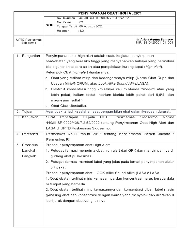 Sop Penyimpanan Obat High Alert Dan Lasa Di Unit Pelayanan | PDF