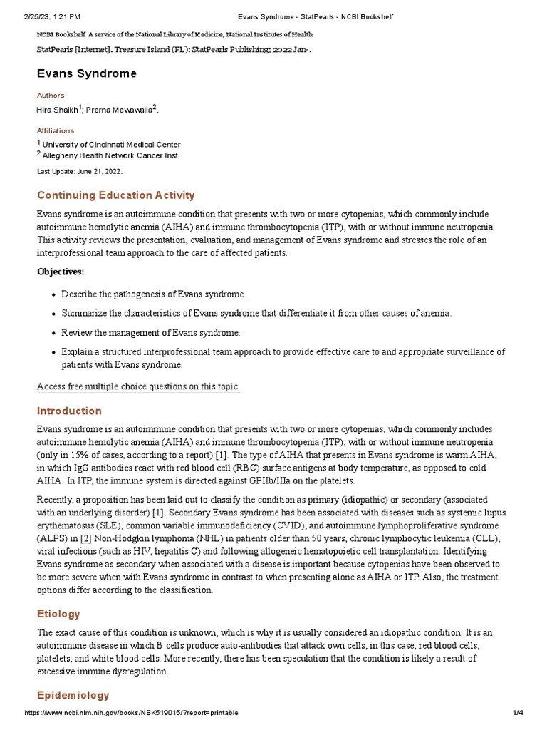 Evans Syndrome - StatPearls - NCBI Bookshelf | Download Free PDF ...