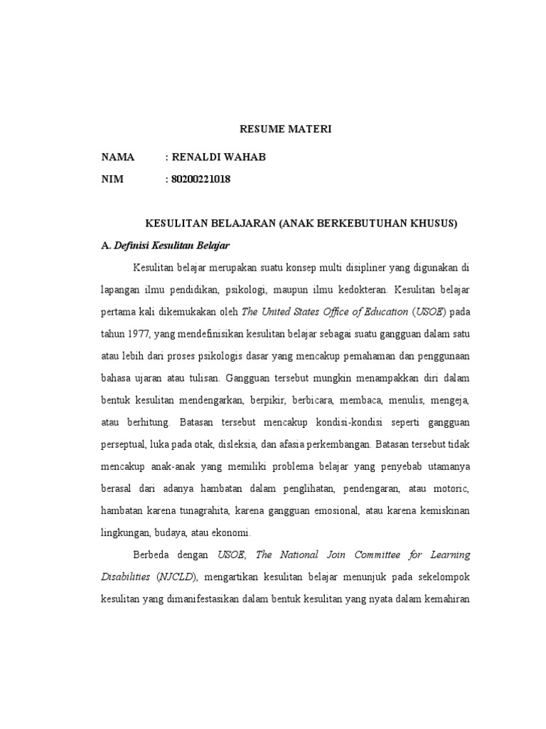 Kesulitan Belajar Anak Berkebutuhan Khusus | PDF | Karier & Perkembangan