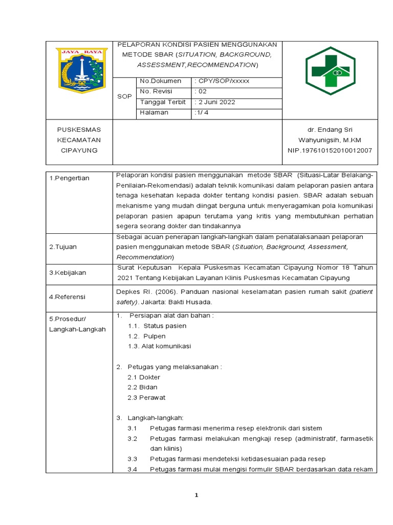 SOP Pelaporan Resep Pasien Metode SBAR TBK - Farmasi | PDF
