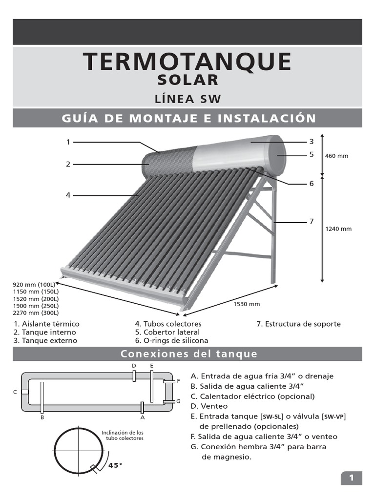 Termotanque Solar Manual - SW | PDF | Agua | Tanques