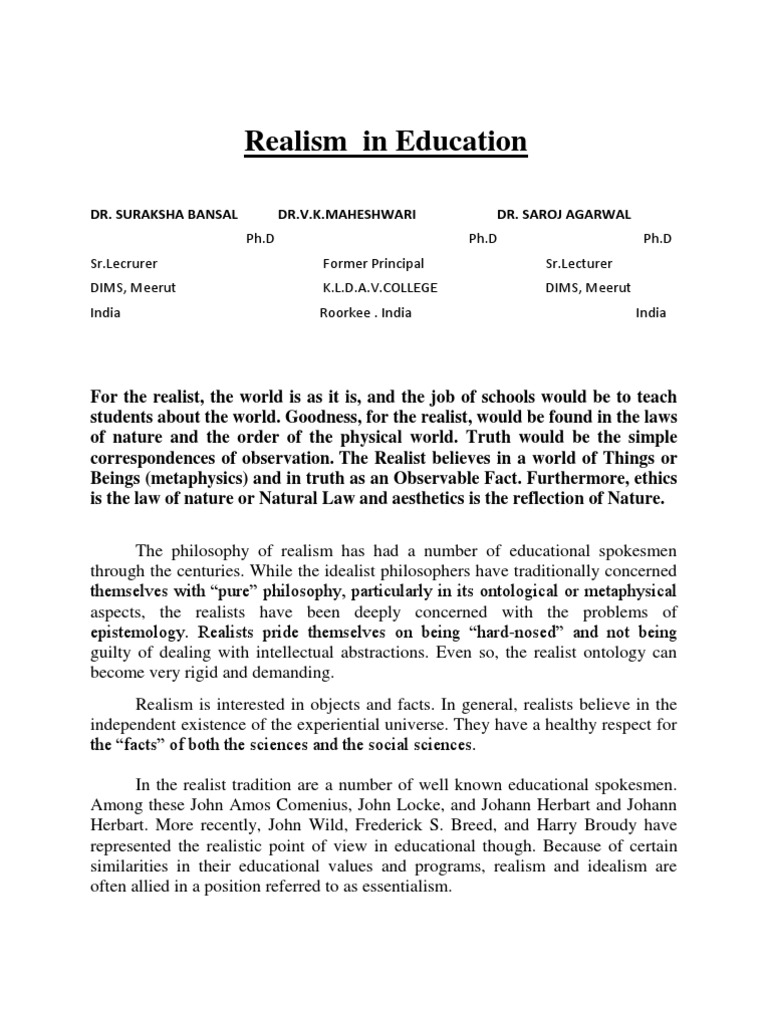 Realism in Education: Key Concepts | PDF | Philosophical Realism ...