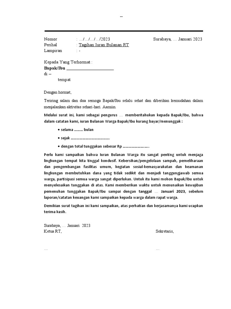 Contoh Surat Tagihan Iuran Bulanan | PDF