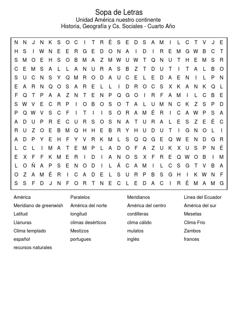 Sopa de Letras 4to. America Nuestro Continente | PDF