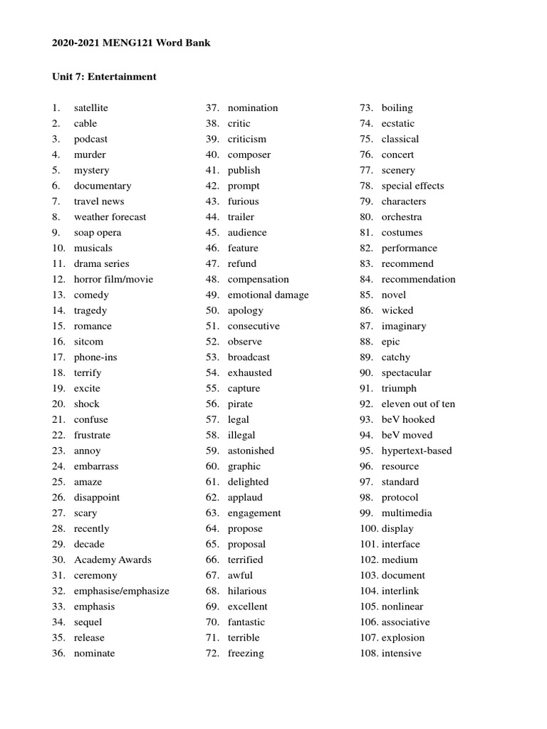16 U7 Word Bank | PDF | Entertainment