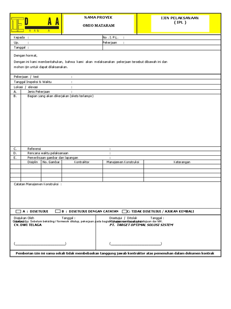 F14. Form Izin Pelaksanaan (Ipl) Edt | PDF
