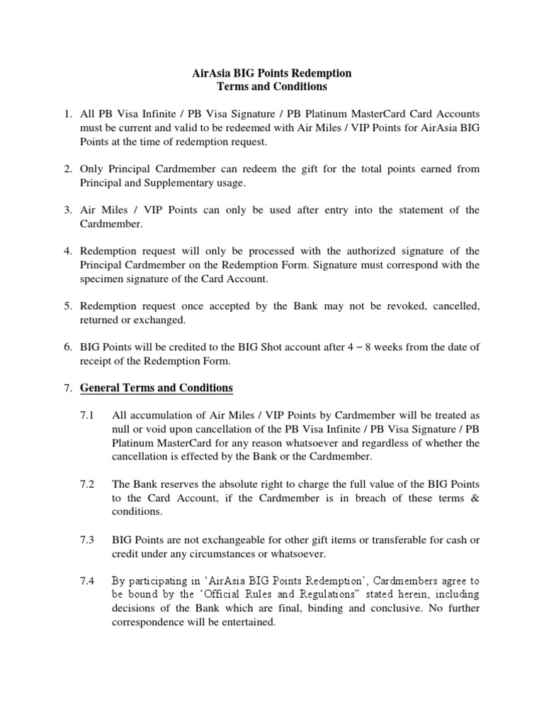 AirAsia BIG Points Redemption Terms | PDF | Business | Law