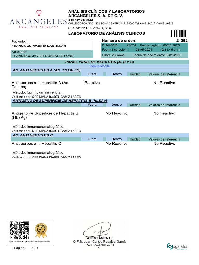 Análisis Clínicos Y Laboratorios Arcángeles S. A. de C. V | PDF | Hepatitis | Hepatitis B
