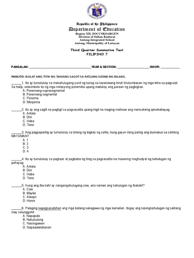 Grade 7 Filipino 3rd Quarter Exam | PDF