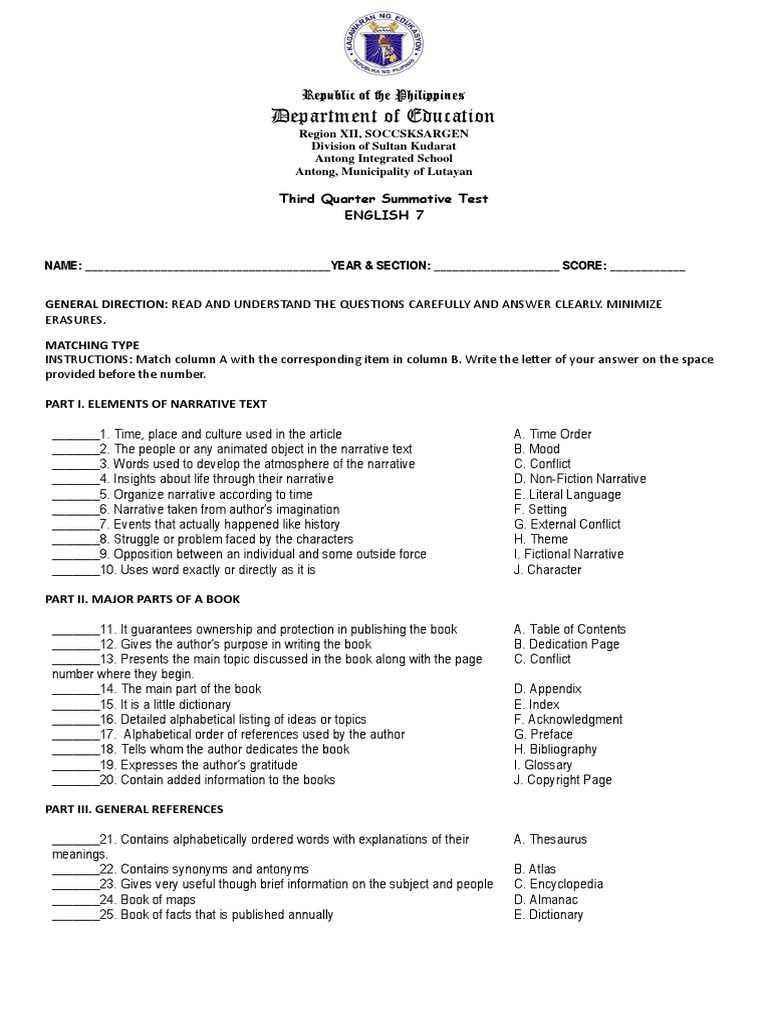 Grade 7 English 3rd Quarter Exam | PDF | Books | Narrative