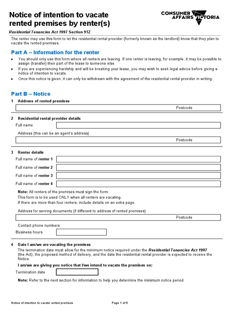 Notice of Intention To Vacate Rented Premises | PDF | Lease | Renting