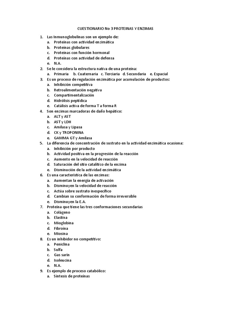 CUESTIONARIO No 3 PROTEINAS Y ENZIMAS | PDF