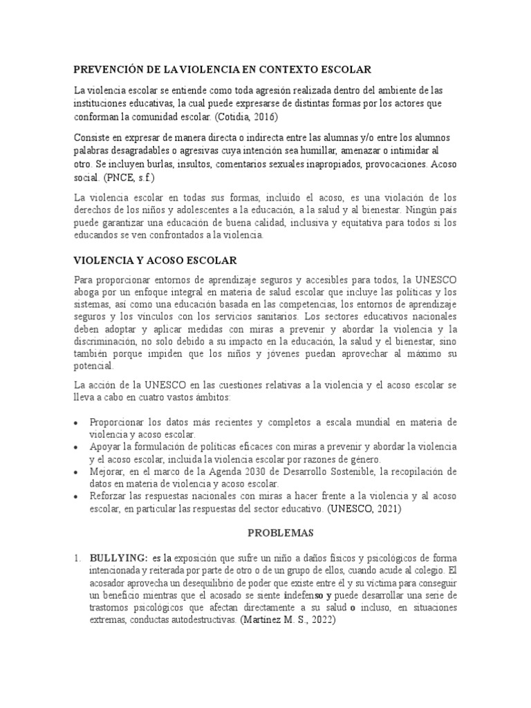 Prevención De La Violencia En Contexto Escolar Pdf Violencia
