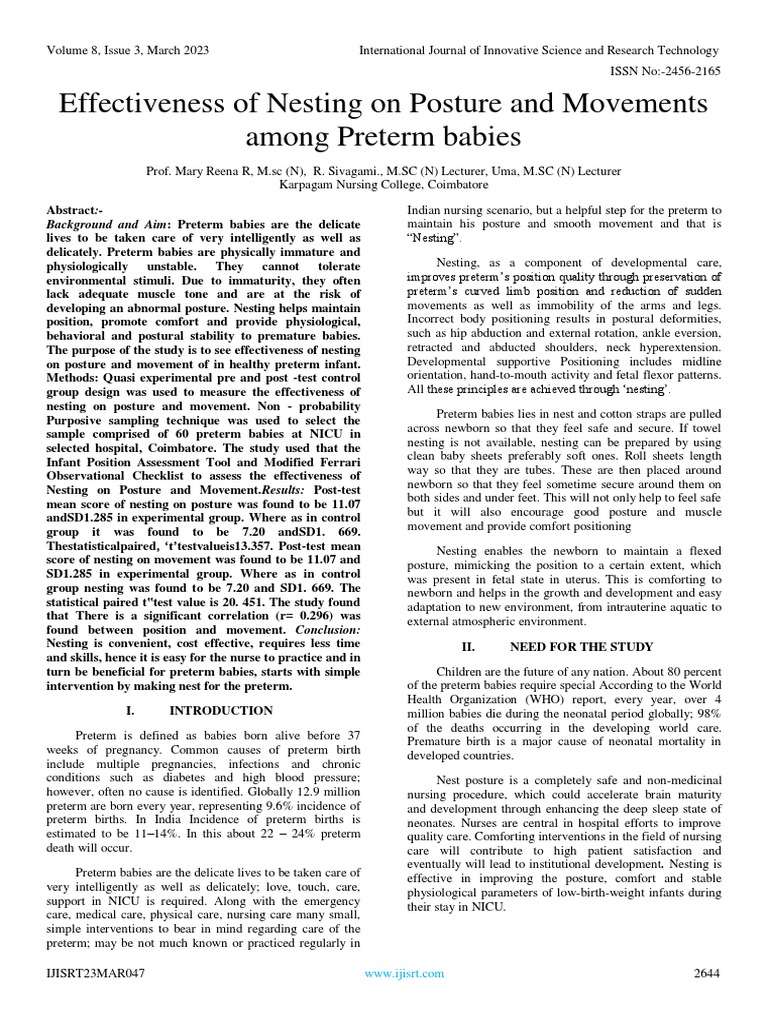 Effectiveness of Nesting On Posture and Movements Among Preterm Babies ...