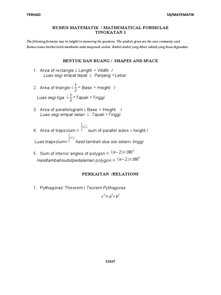 Formula Matematik Tingkatan 1-3 | PDF | Area | Circle