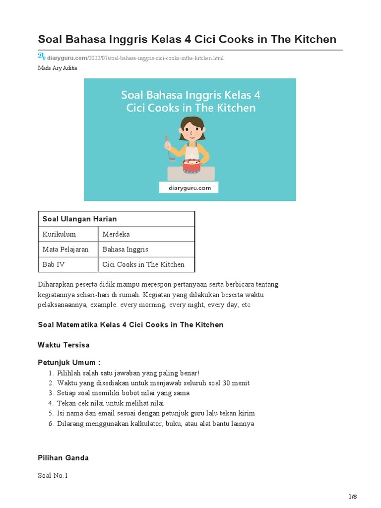 02 - Soal Bahasa Inggris Kelas 4 Cici Cooks in The Kitchen | PDF
