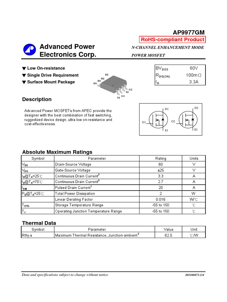 AP9977GM Data Sheet | PDF | Field Effect Transistor | Mosfet