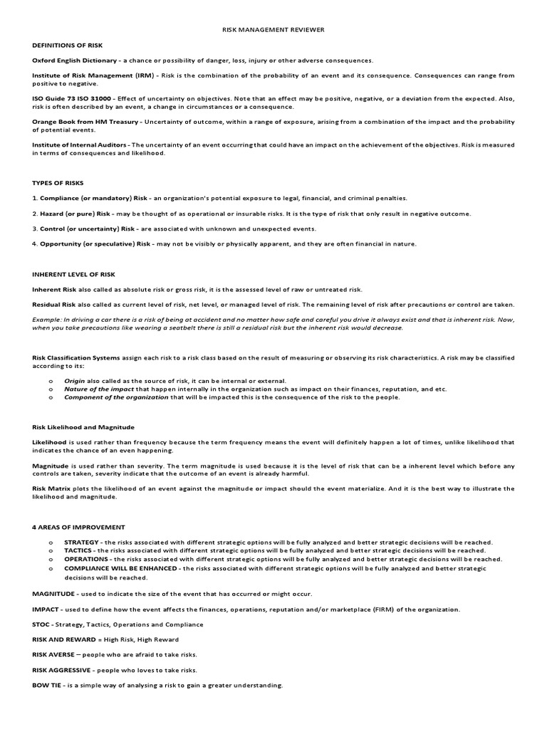 Risk Management Reviewer | PDF | Risk | Insurance