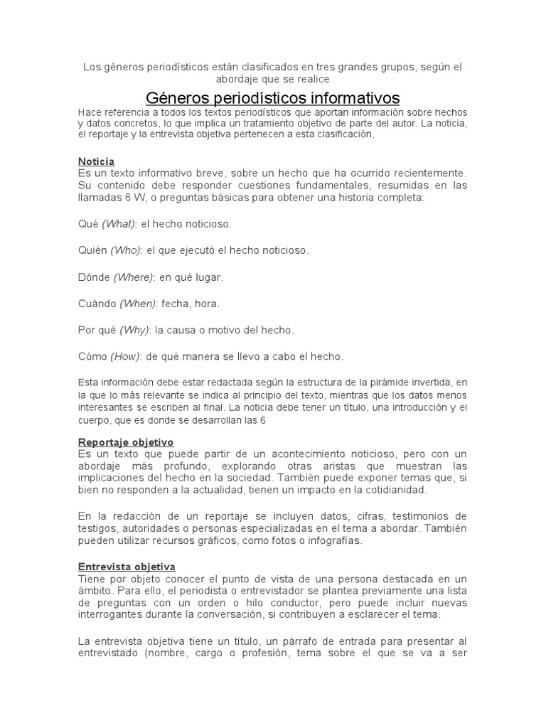 Los géneros periodísticos están clasificados en tres grandes grupos | PDF