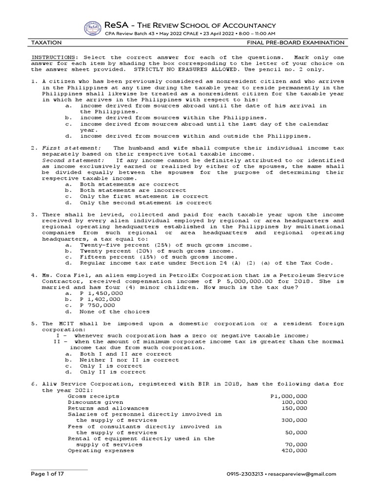 ReSA B43 TAX Final PB Exam - Questions, Answers & Solutions | PDF | Law