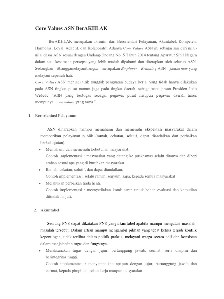 ASN BerAKHLAK DAN CONTOH IMPLEMENTASI | PDF | Ilmu Sosial | Sains ...