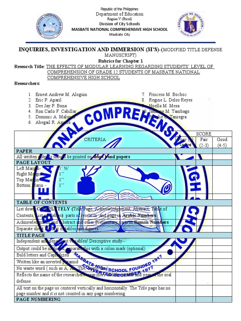 3is Rubrics C1 To C3Title Defense Manuscript GROUP 1 | PDF | Citation ...