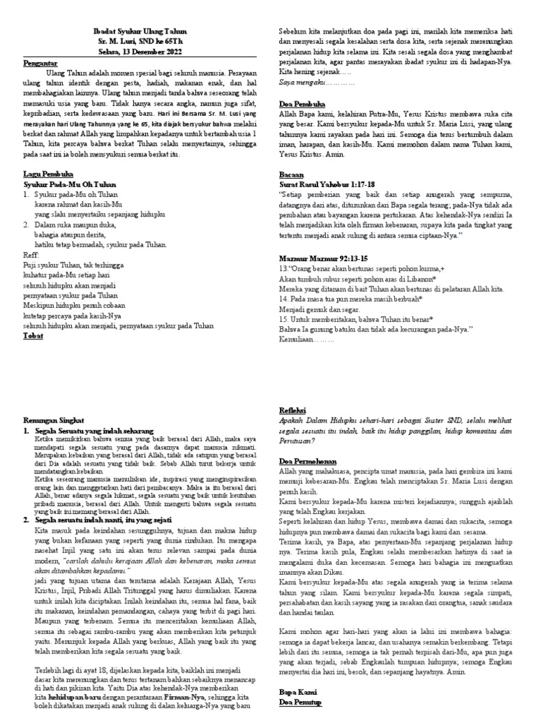 Ibadat Syukur Ulang Tahun SR Lusi | PDF