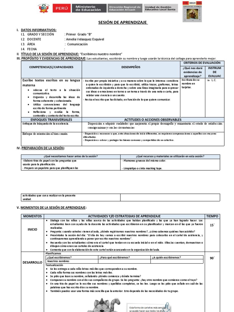 Sesion Escribimos Nombres | PDF | Aprendizaje | Evaluación