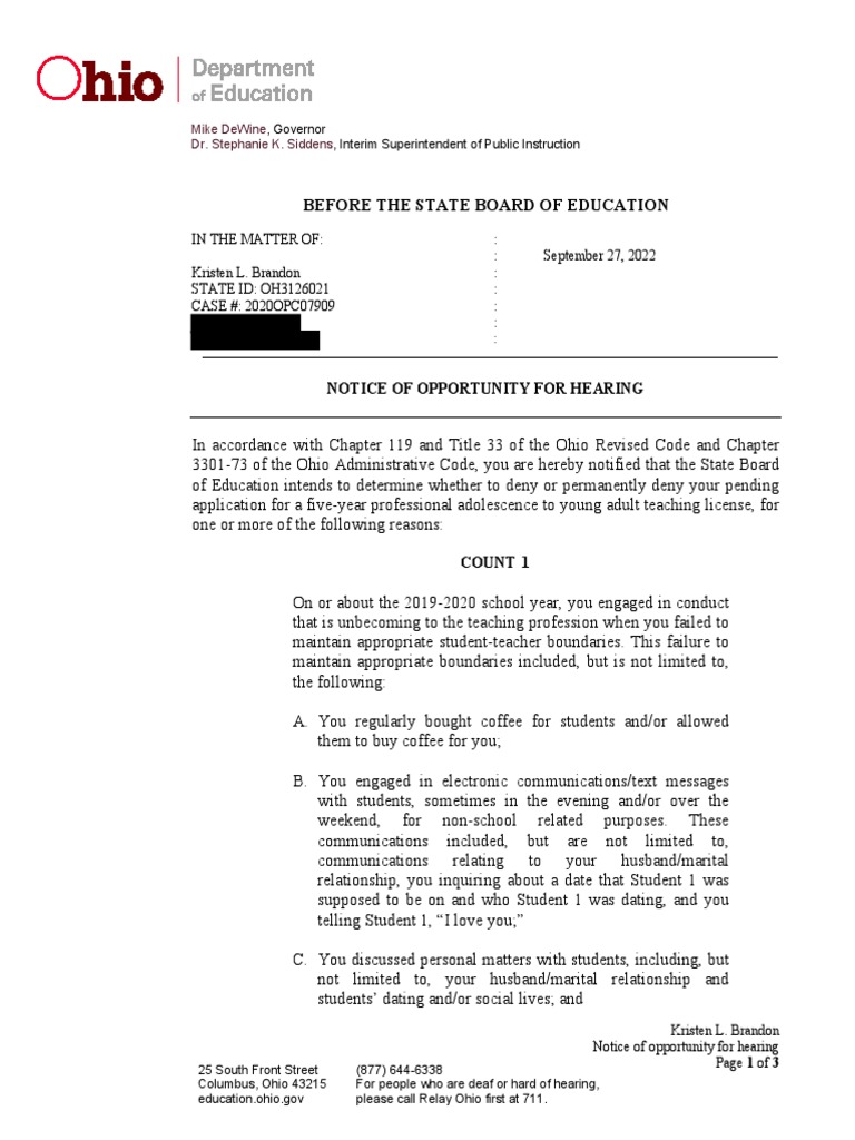 Hearing Notice for Kristen Brandon | PDF | Ohio | Justice