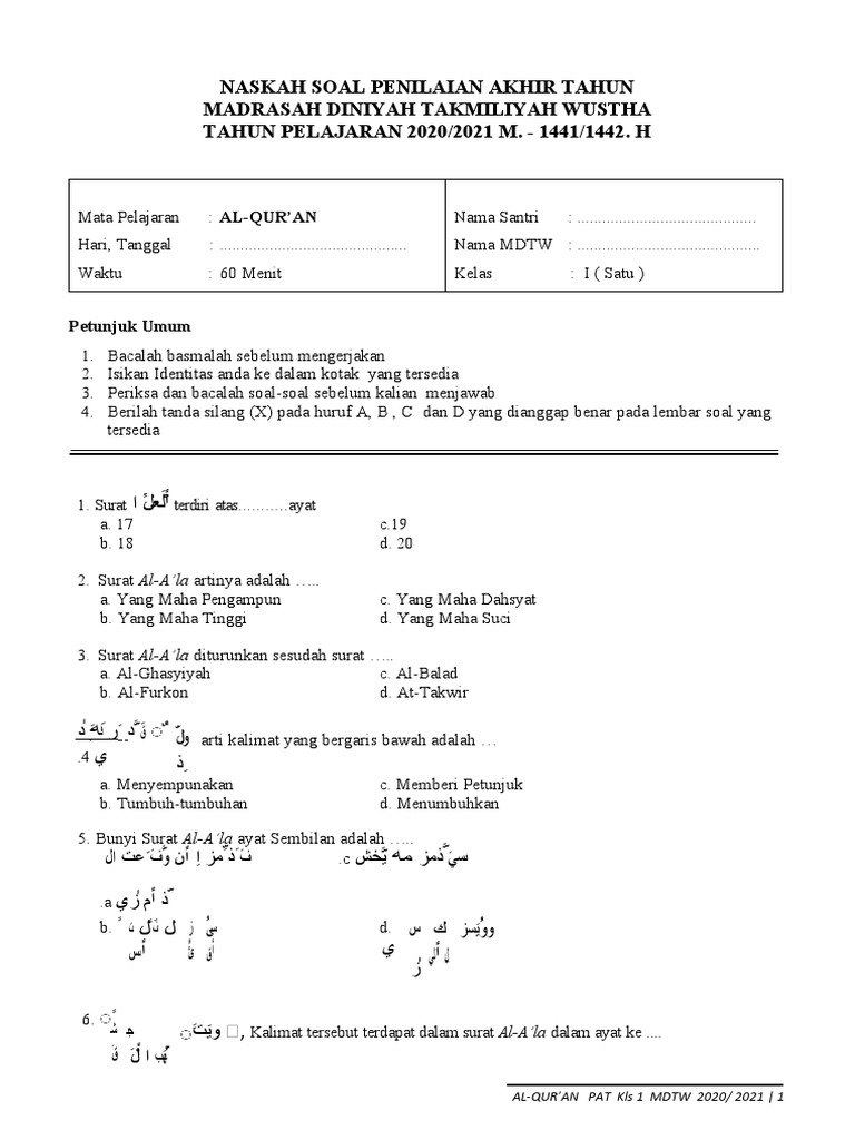 Soal PAT Al-Qur'an Kls 1 DTW | PDF