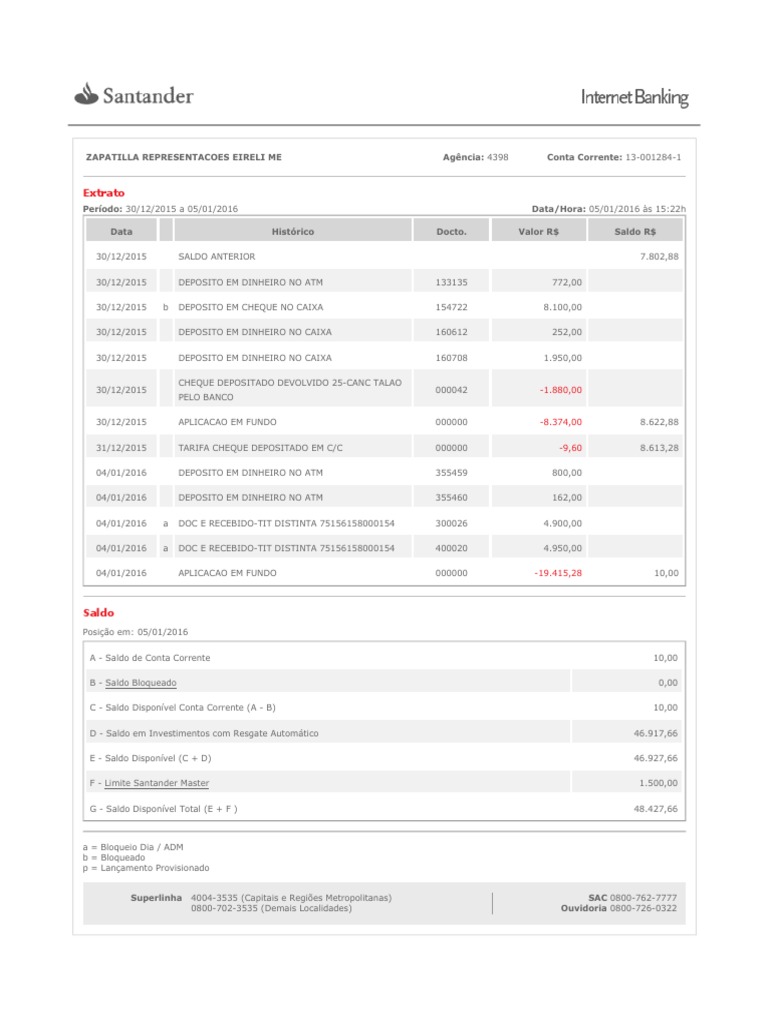 Extrato Santander | PDF | Conta de transação | Caixa eletrônico