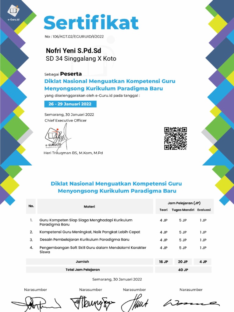 Nofri Yeni S.PD - SD Sertifiakt 40JP Januari E-Guru - Id | PDF