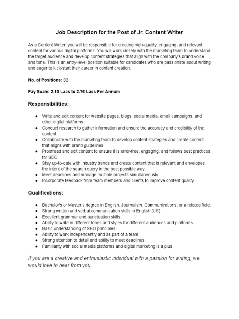 Job Description For The Post of Jr. Content Writer | PDF