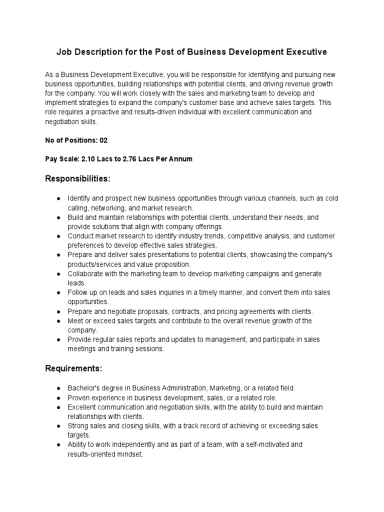 Business Development Executive Job Opening | PDF | Sales | Marketing