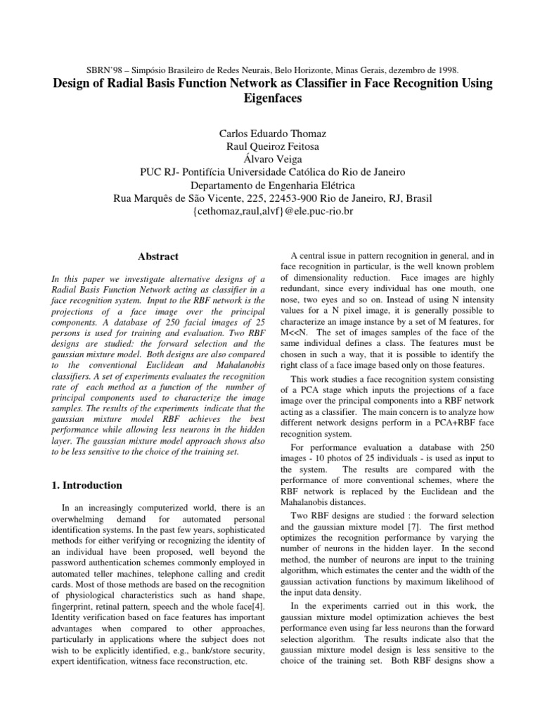 Design of Radial Basis Function Network As Classifier in Face Recognition Using Eigenfaces | PDF ...
