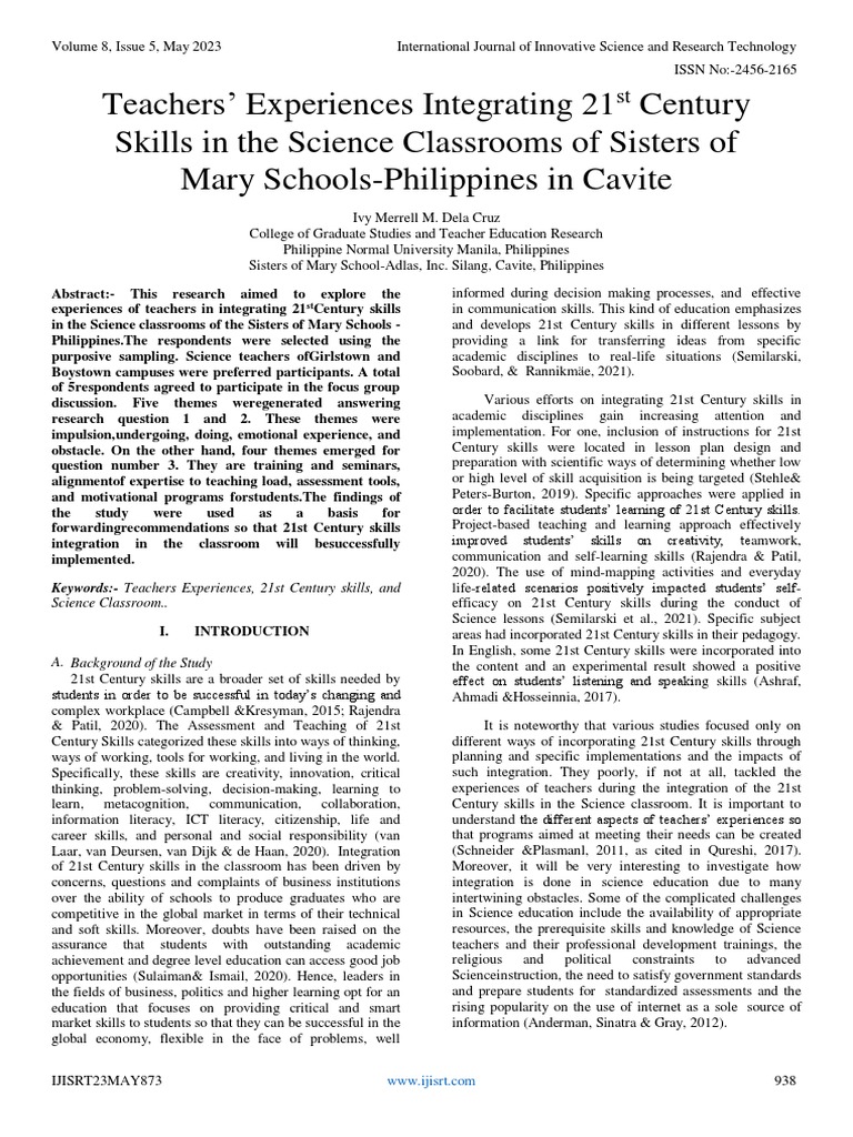 Teachers' Experiences Integrating 21st Century Skills in The Science Classrooms of Sisters of ...