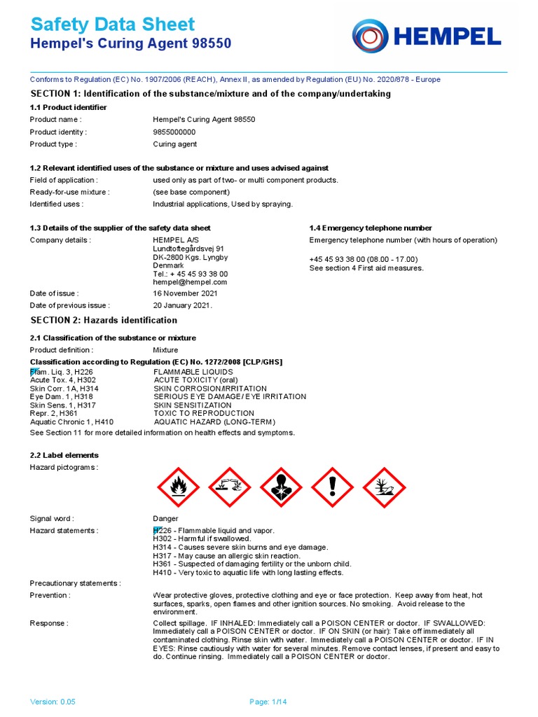 Hempel Curing 98550 MSDS | PDF | Personal Protective Equipment | Fires