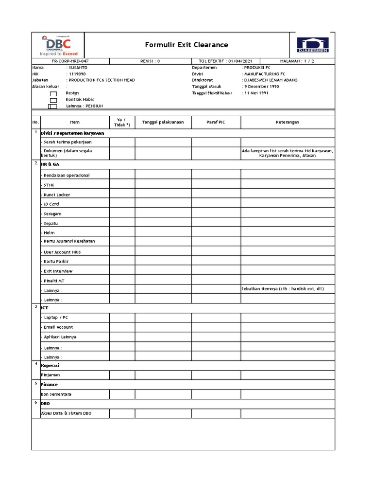 Contoh Formulir Exit Clearance | PDF