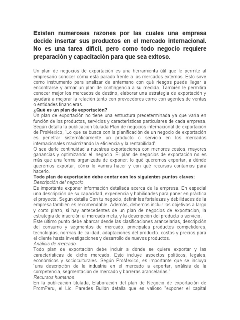 Plan De Exportacion Pdf Exportaciones Mercado Economía