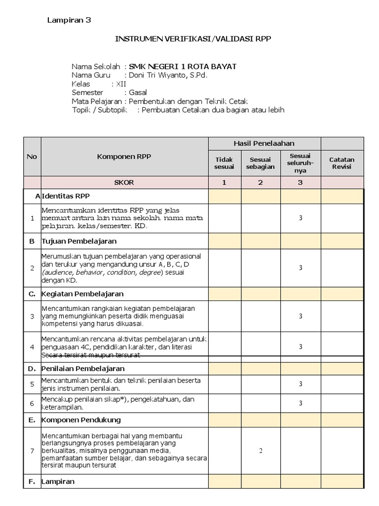 12 - Instrumen RPP - Doni - Cetak | PDF