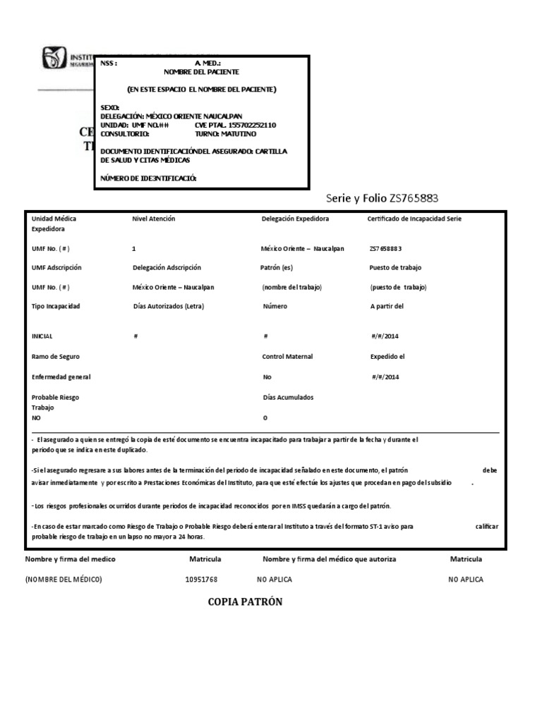 Certificado de Incapacidad IMSS | PDF